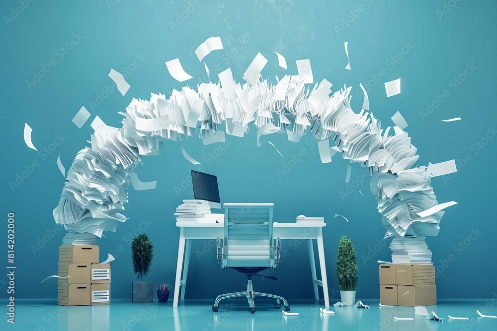 A creative depiction of a seamless workflow, with papers flying in a ...