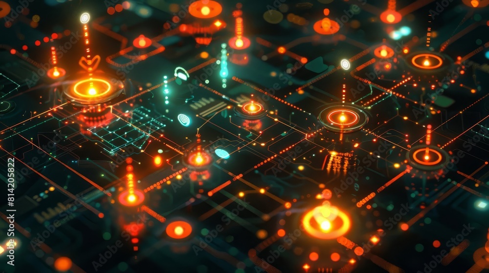 A network diagram animated with various firewall nodes lighting up as ...