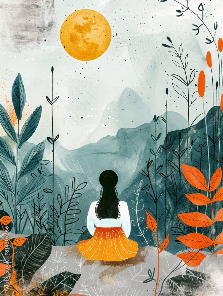 Contemplation illustration. A girls imagination and state of mind ...