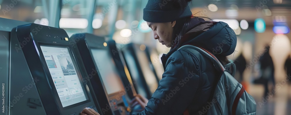 A tourist using a passport scanning kiosk at a border control ... A tourist using a passport scanning kiosk at a border control ...