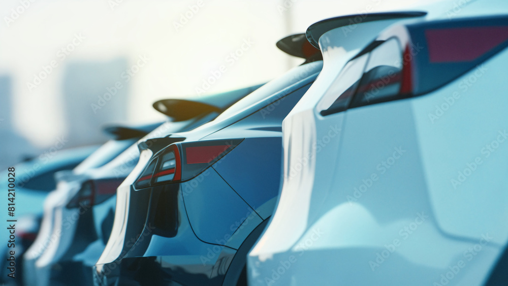 Electric cars parked in urban setting, Modern eco vehicles rear bumper ...