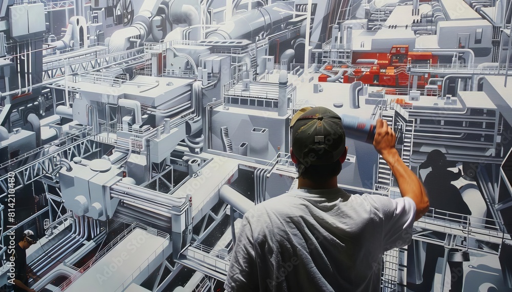 An artist painting a mural of a perfect factory layout, blending art ...