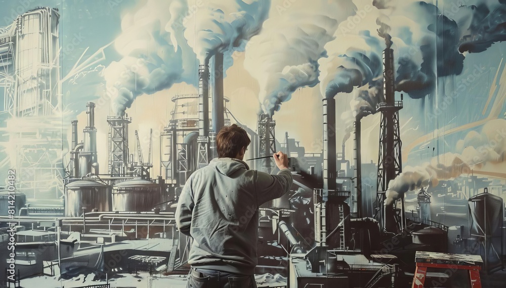 An artist painting a mural of a perfect factory layout, blending art ...