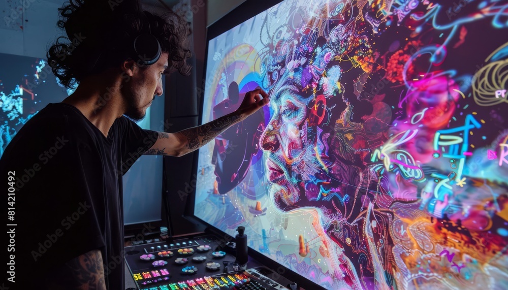 An artist using AI to create digital art, with a screen showing the ...
