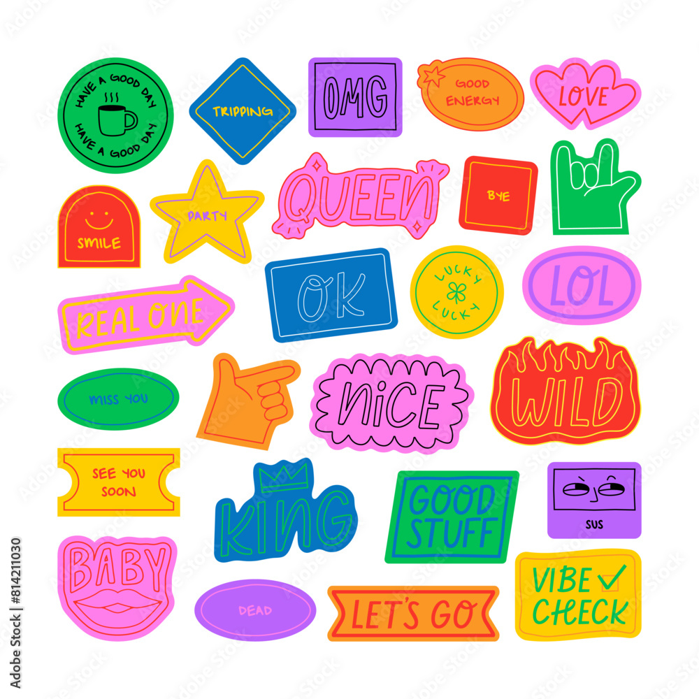 Set of fun colorful sticker illustration. Retro 90s style hand drawn ...