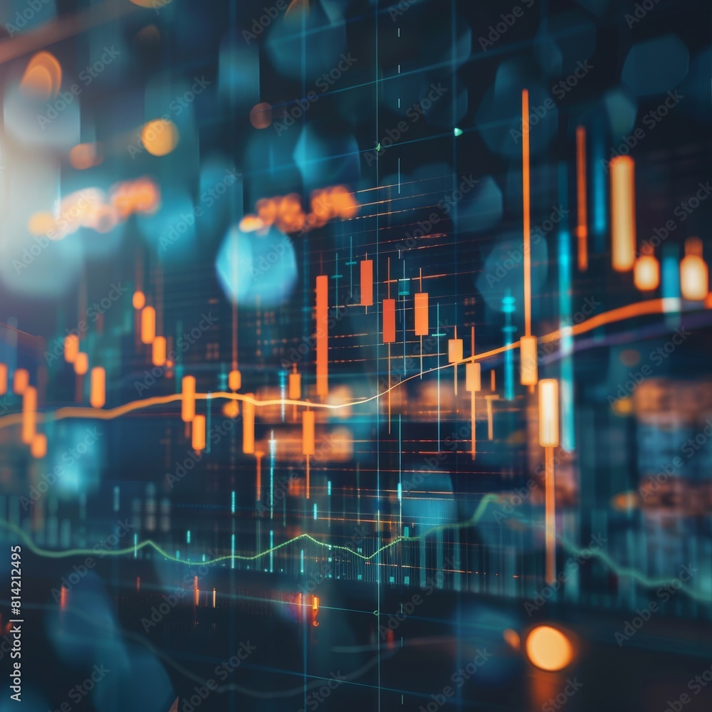Business analysis and economic graph charts are displayed on a blue ...