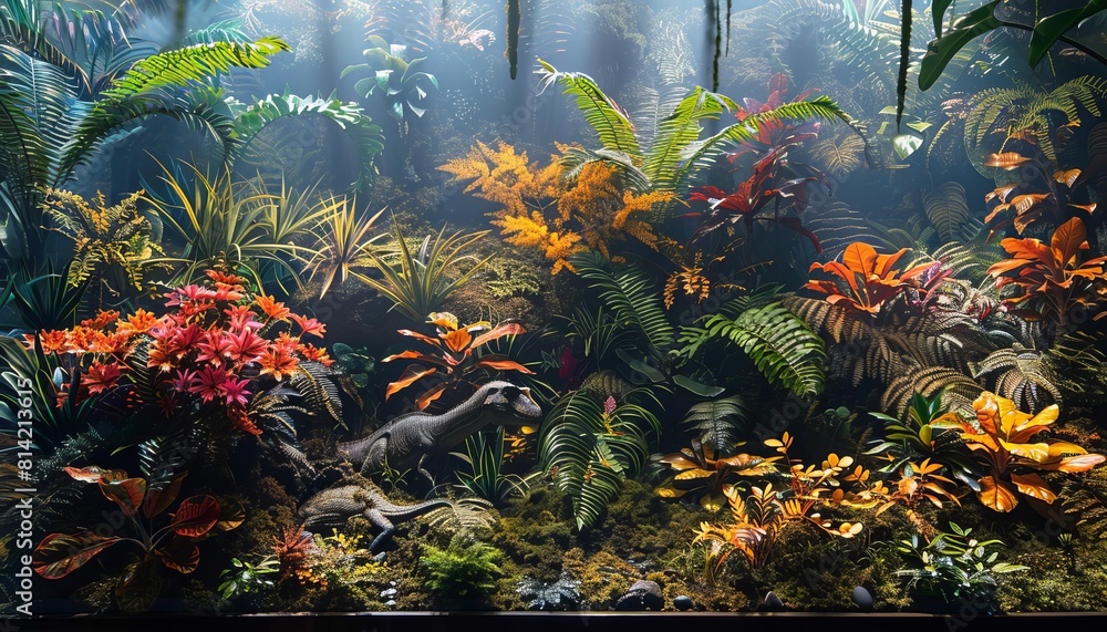 Showcase a detailed reconstruction of a prehistoric ecosystem, with ...