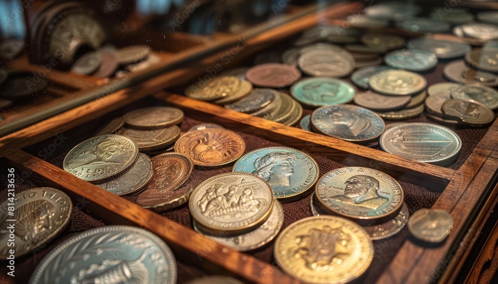 Showcase a historic coin collection in a museum, with ancient ...