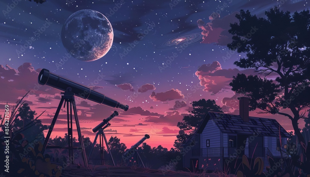 Sketch a scene of amateur astronomers setting up telescopes in a ...