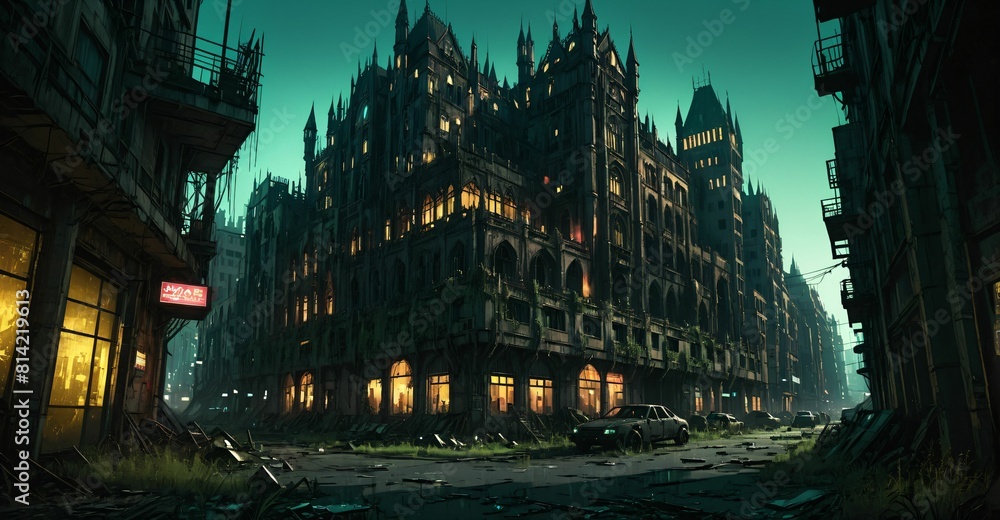 Gothic cyberpunk city buildings exterior. Baroque goth sci-fi castle ...