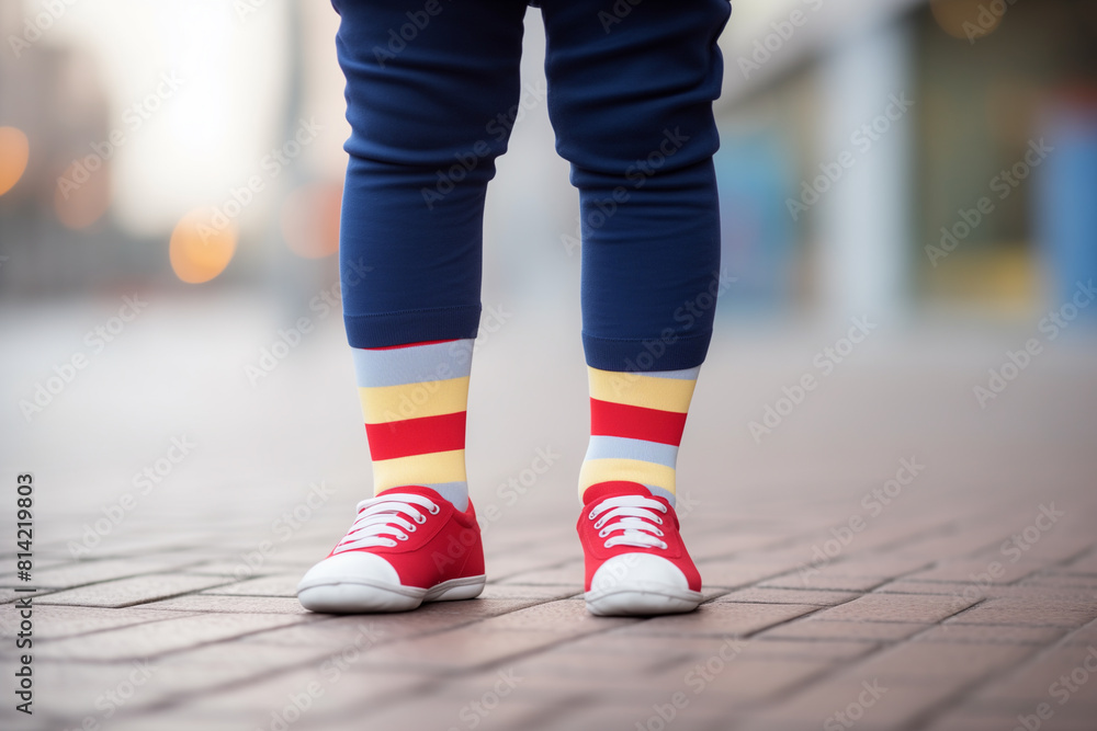 Kid legs with different pair of socks and red sneakers standing in the ...