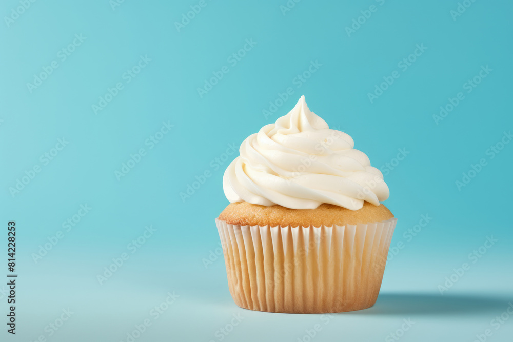 Simple birthday cupcake on a solid light blue background with empty ...