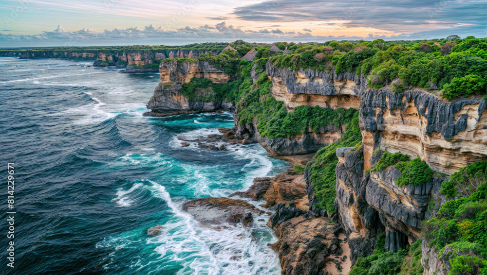 Beautiful seascape with cliffs and sea sunset. Scenic journey paradise ...