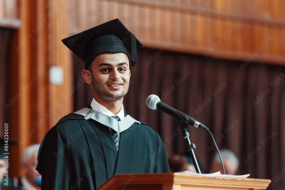 Male graduate confidently delivering a commencement speech at a ...