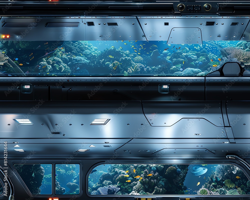 Illustrate a sleek, modern submarines rear window revealing a vast ...