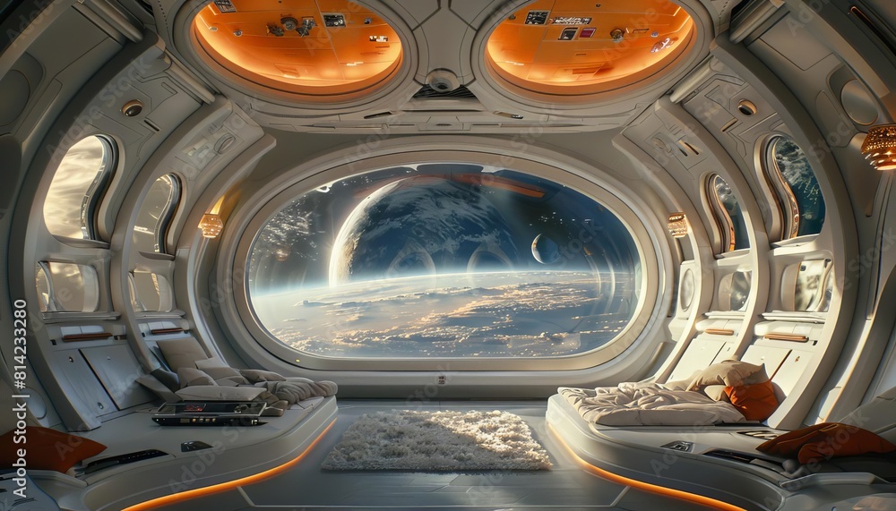 Visualize a luxurious space hotel orbiting Earth, with large viewing ...