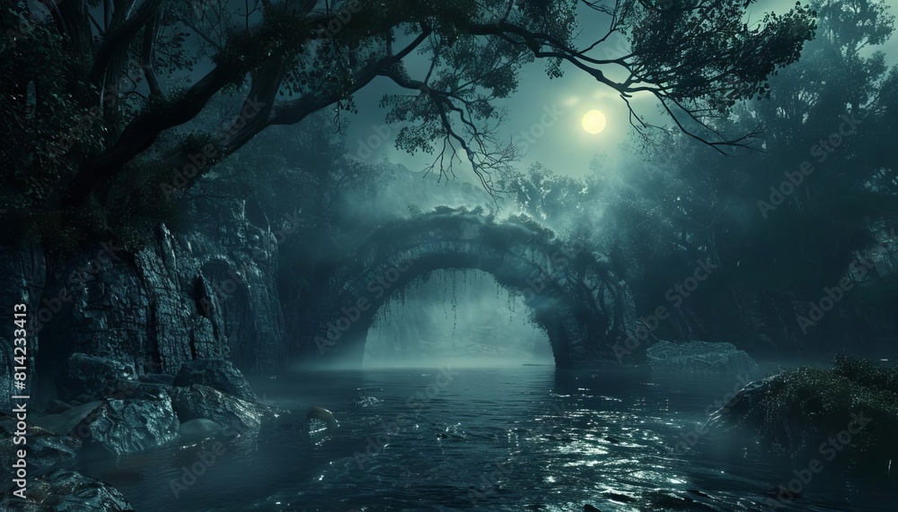 Visualize a mysterious forest shrouded in mist, where ancient myths and ...