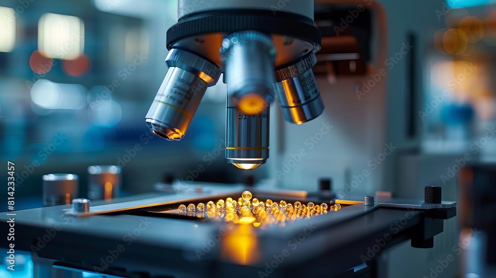 Visualize a nanotechnology lab with scientists using microscopes to ...