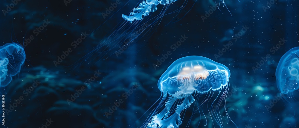 Visualize a serene underwater scene with a lone jellyfish floating in a ...