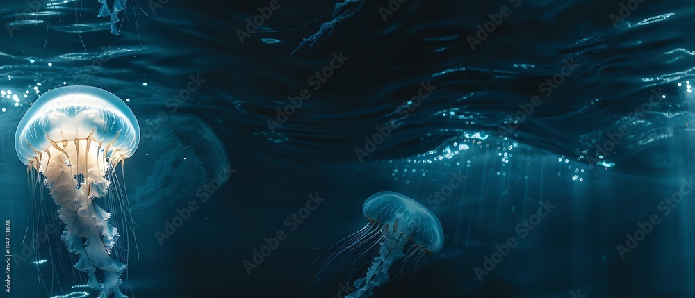 Visualize a serene underwater scene with a lone jellyfish floating in a ...