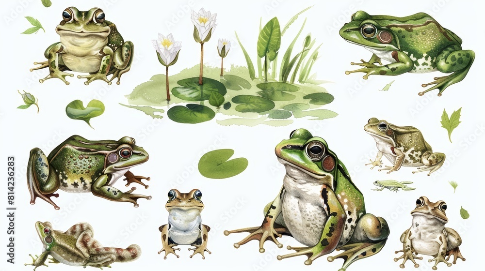 A set of watercolor illustrations of different stages of a frogs life ...