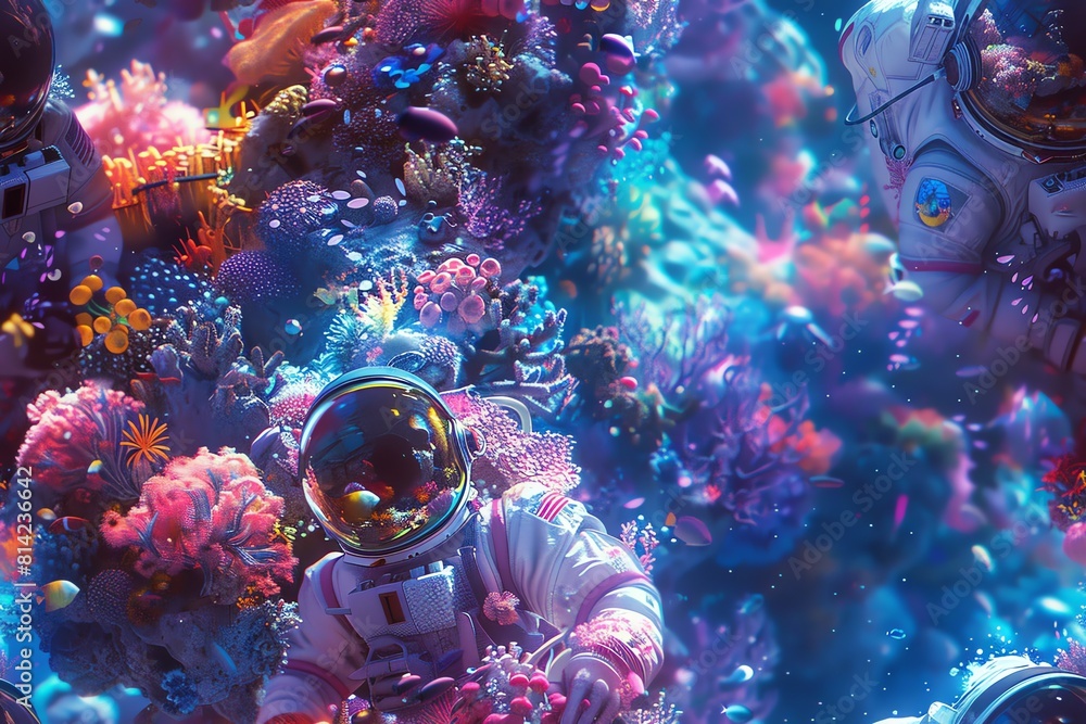 Immerse the viewer in a surreal underwater realm as a side-view astronaut encounters mesmerizing ...