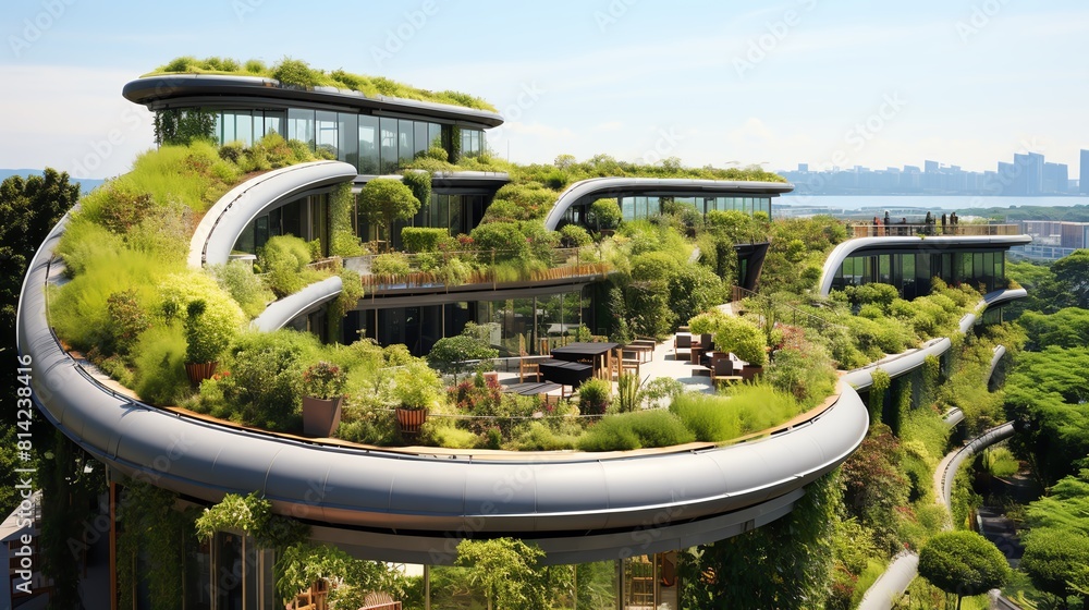 Depict a city skyline with buildings boasting lush green roofs that ...