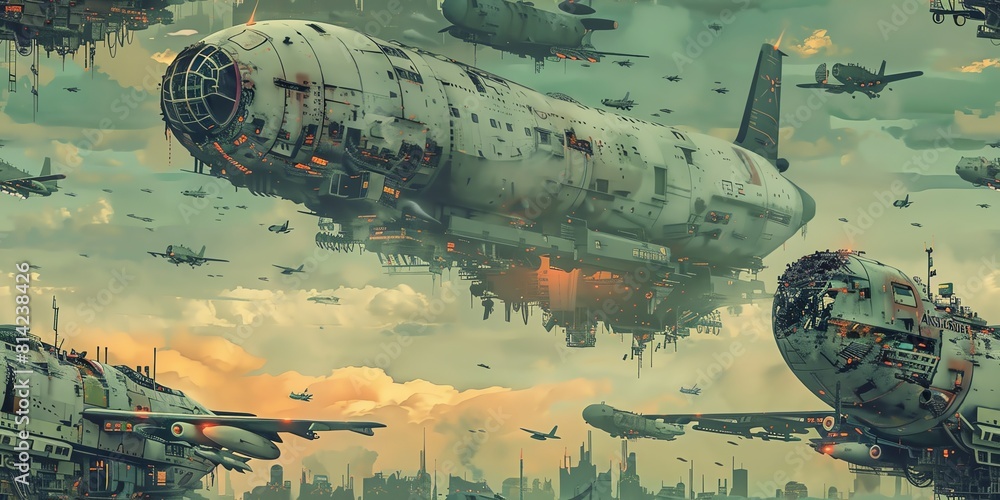 Illustrate a futuristic dystopian aircraft graveyard at dawn Stock ...