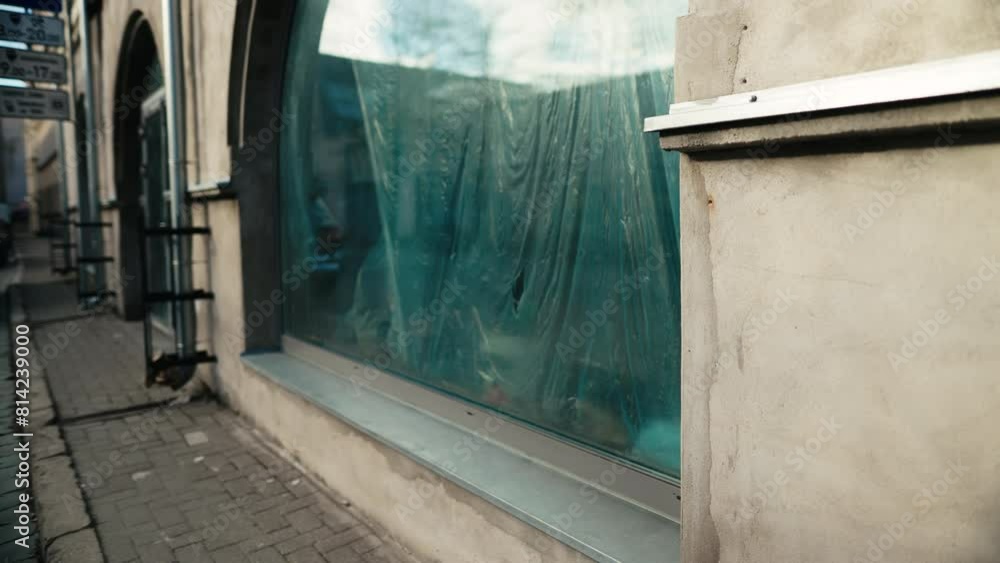 House with a window concealed by green tarp on the facade Stock Video ...