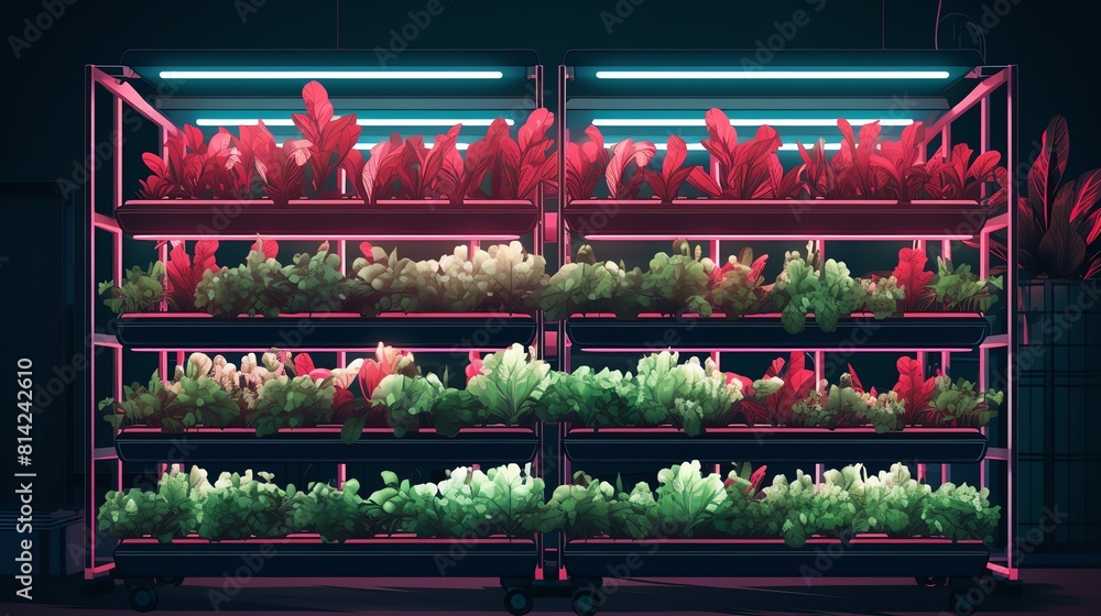 Futuristic indoor vertical farming setup with vibrant LED lights ...