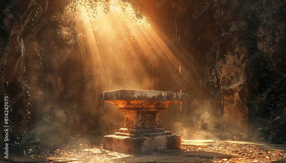 Visualize the Holy Grail resting on an ancient stone altar, bathed in a ...