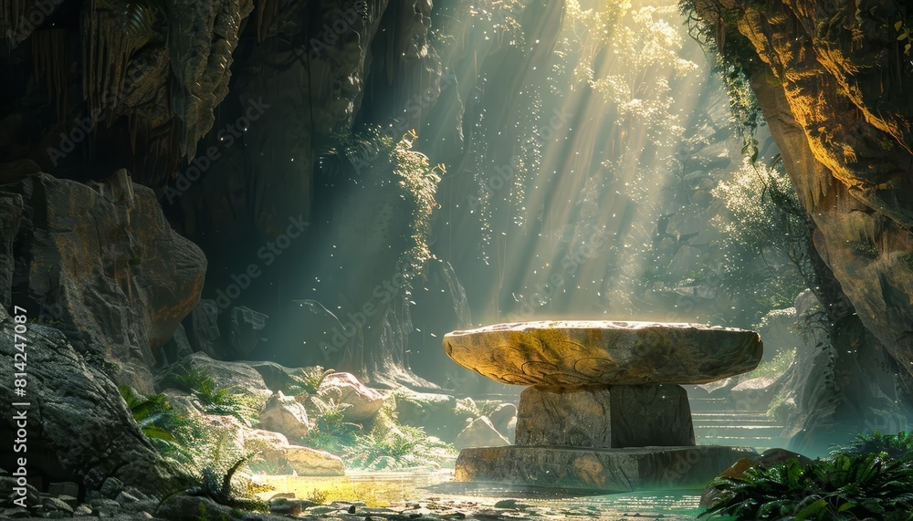 Visualize the Holy Grail resting on an ancient stone altar, bathed in a ...