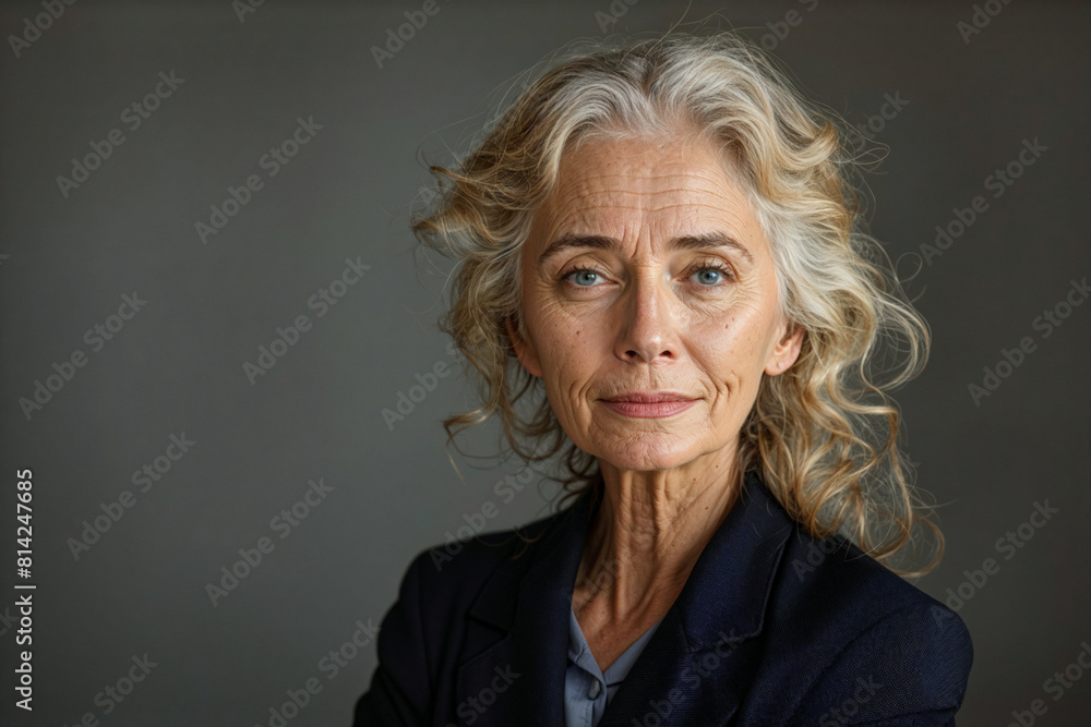 Stylish older white woman poses confidently in business suit against ...