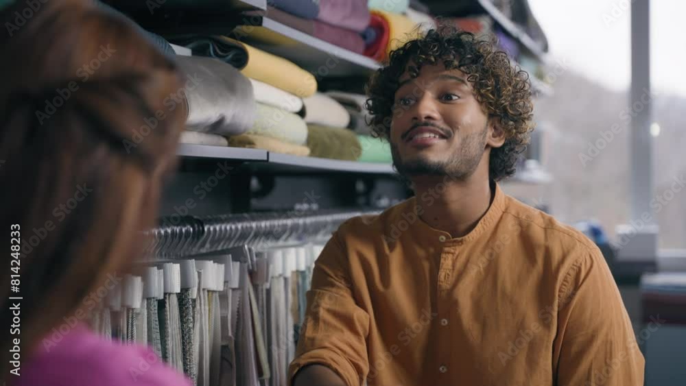 Happy Indian arabian salesman fashion designer talk with Caucasian ...