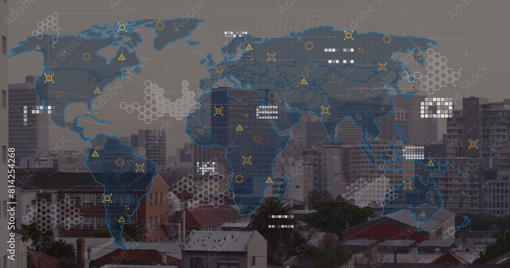 Digital map overlaying cityscape, showing various data points Stock ...