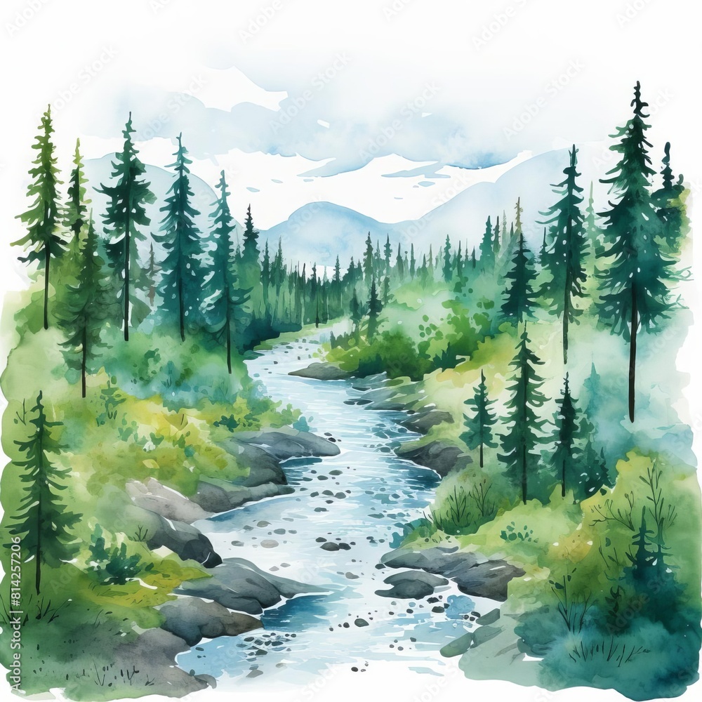 Taiga flat design top view Boreal forests theme water color vivid Stock ...