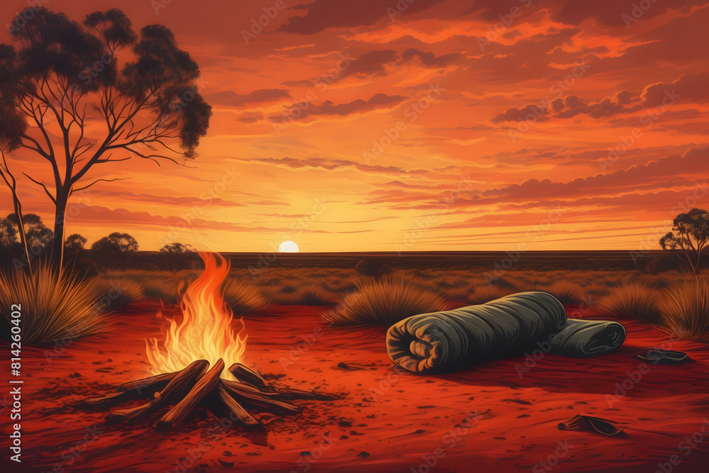 Charming illustration: Aussie Outback campsite with swag and campfire ...
