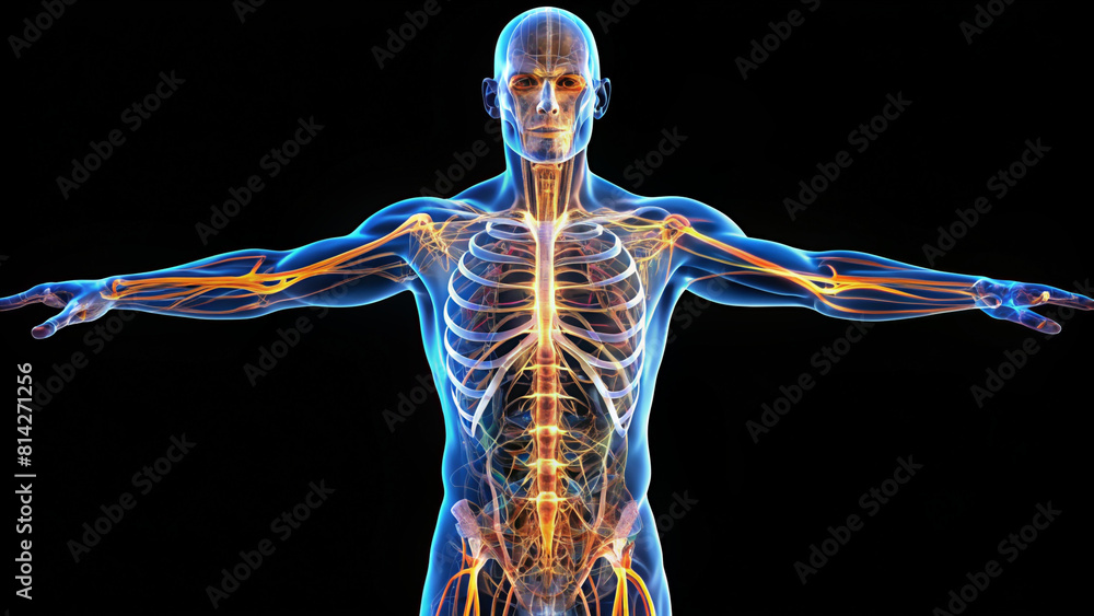 The image shows a transparent skeleton of a man with his arms ...