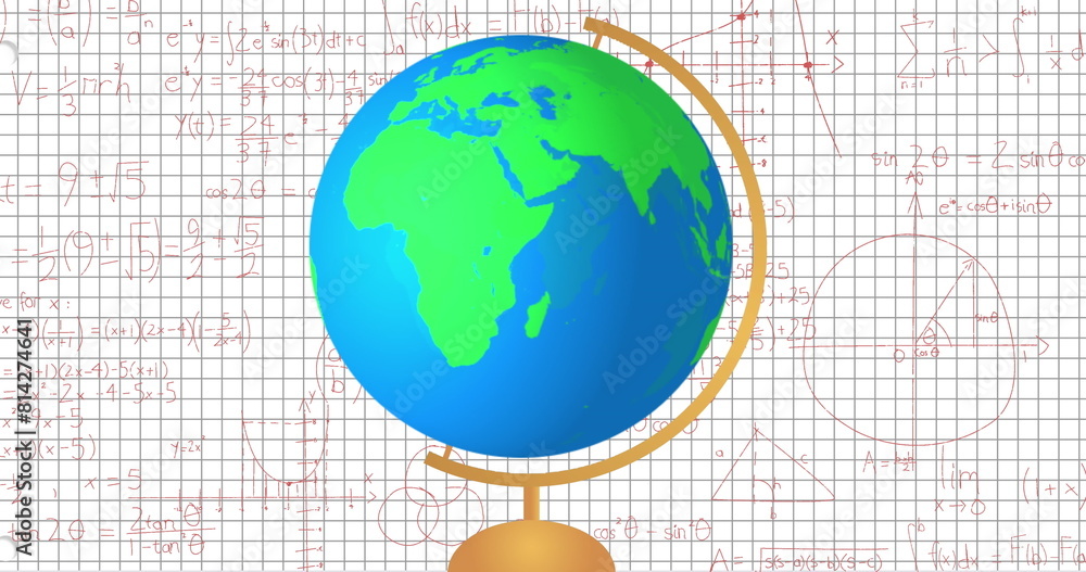 Image of globe model icon and mathematical equations against square ...