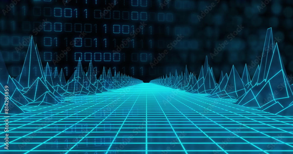 Image of 3d model of grid pattern forming mountain over binary codes ...