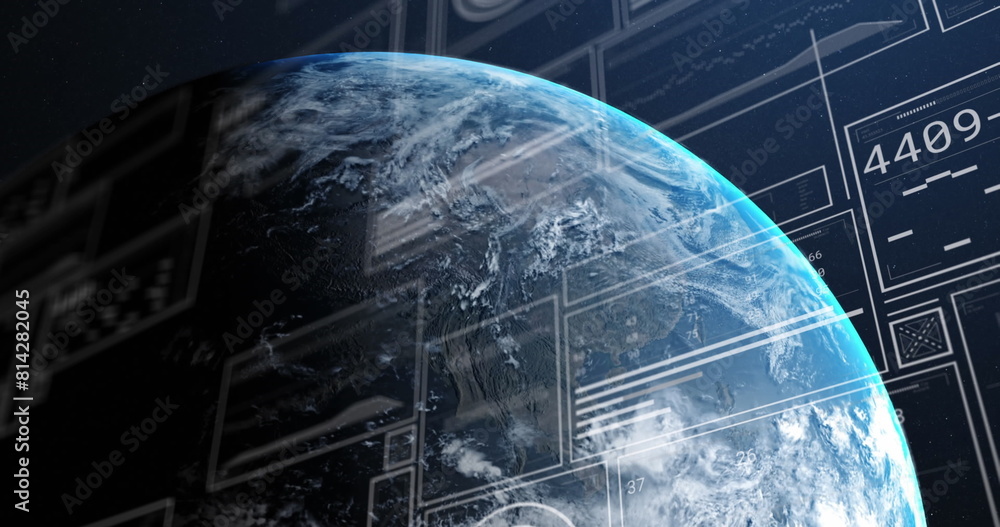 Image of graphs, changing numbers loading bars, circles over globe against abstract background ...