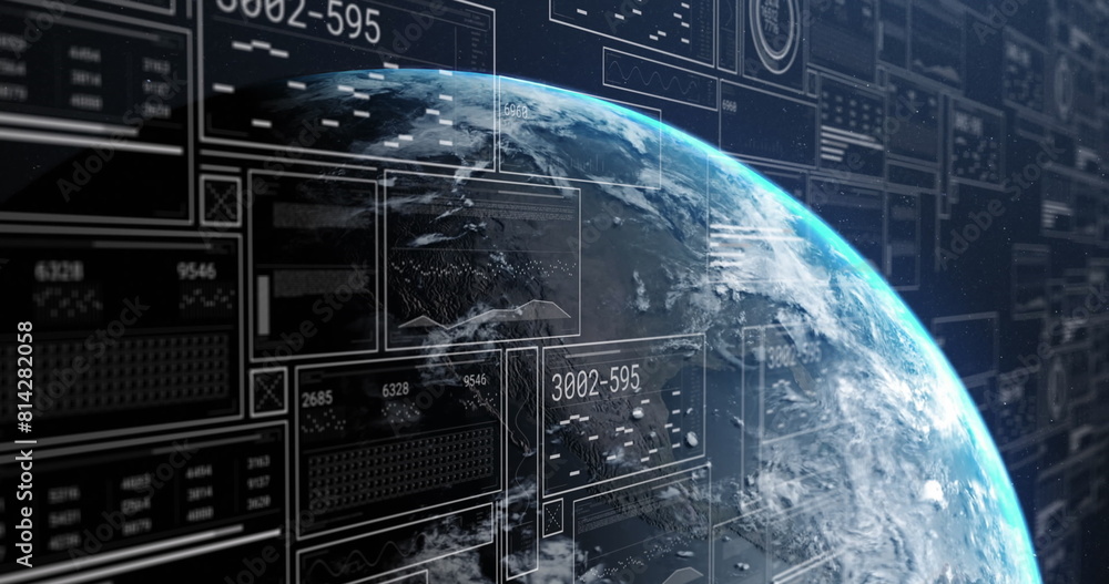 Image of graphs, changing numbers loading bars, circles over globe ...