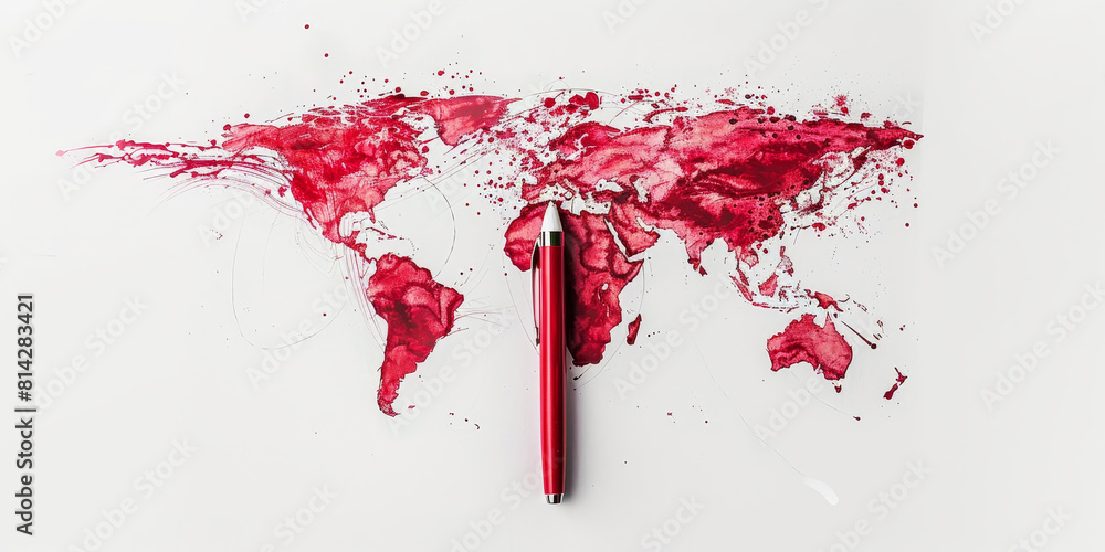Abstract red ink world map with pink pen - A creative and striking ...