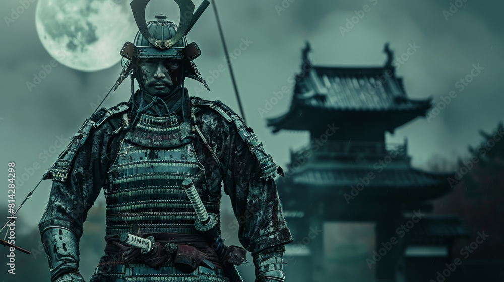Samurai warrior in traditional armor at night - A stoic samurai in ...