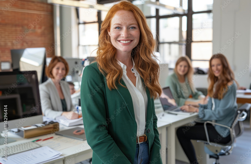 A professional woman with red hair stands in front of her desk, smiling ...