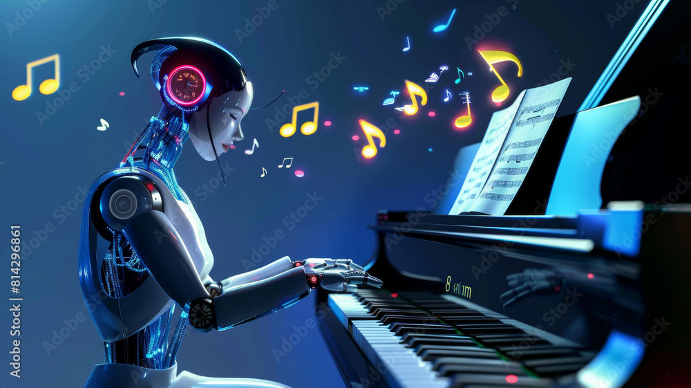 AI robot musician playing digital piano - A vibrant image of a robot ...