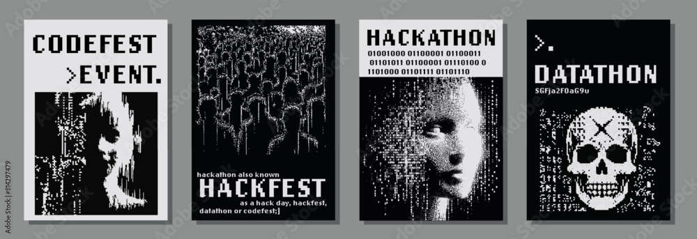 Set of retrofuturistic posters for hackathon (also known as a hack day, hackfest, datathon or ...
