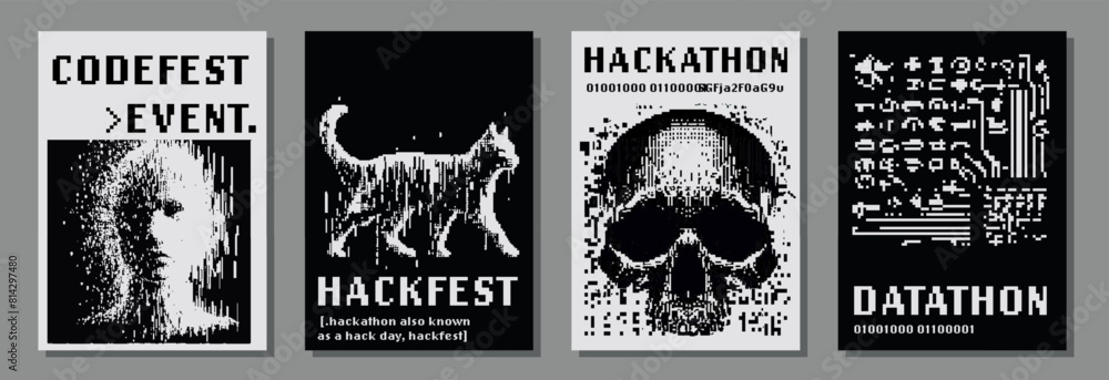 Set Of Retrofuturistic Posters For Hackathon Also Known As A Hack Day Hackfest Datathon Or