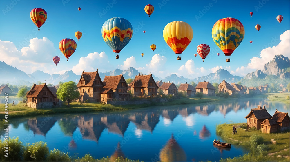 Hot air balloons fly over the fantasy world with castle, river and ...