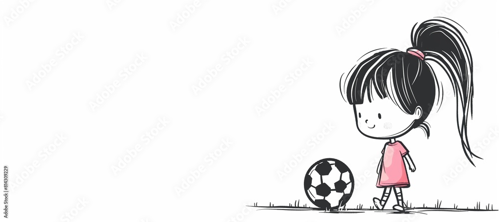 A cute cartoon of a young girl soccer defender in minimal line art ...